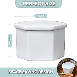 French Butter Crock w/Lid & Wood Spreading Knife - White Modern Butter Keeper for Counter - Modern Hexagon Shape Butter Dish - Stoneware Butter Crock - Dishwasher Safe Butter Storage