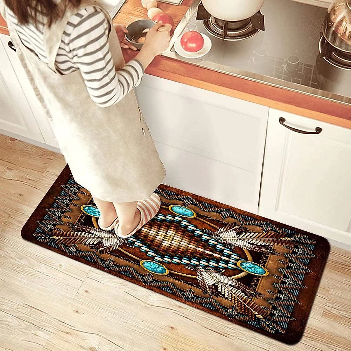 Rustic Southwestern Kitchen Rug Tribal Native American Indian Comfort Mat Geometric Cushioned Chef Sink Floor Mats Washable Doormat Anti Fatigue Non-Slip Kitchen Runner Rugs Bedroom Floor Mat,Brown
