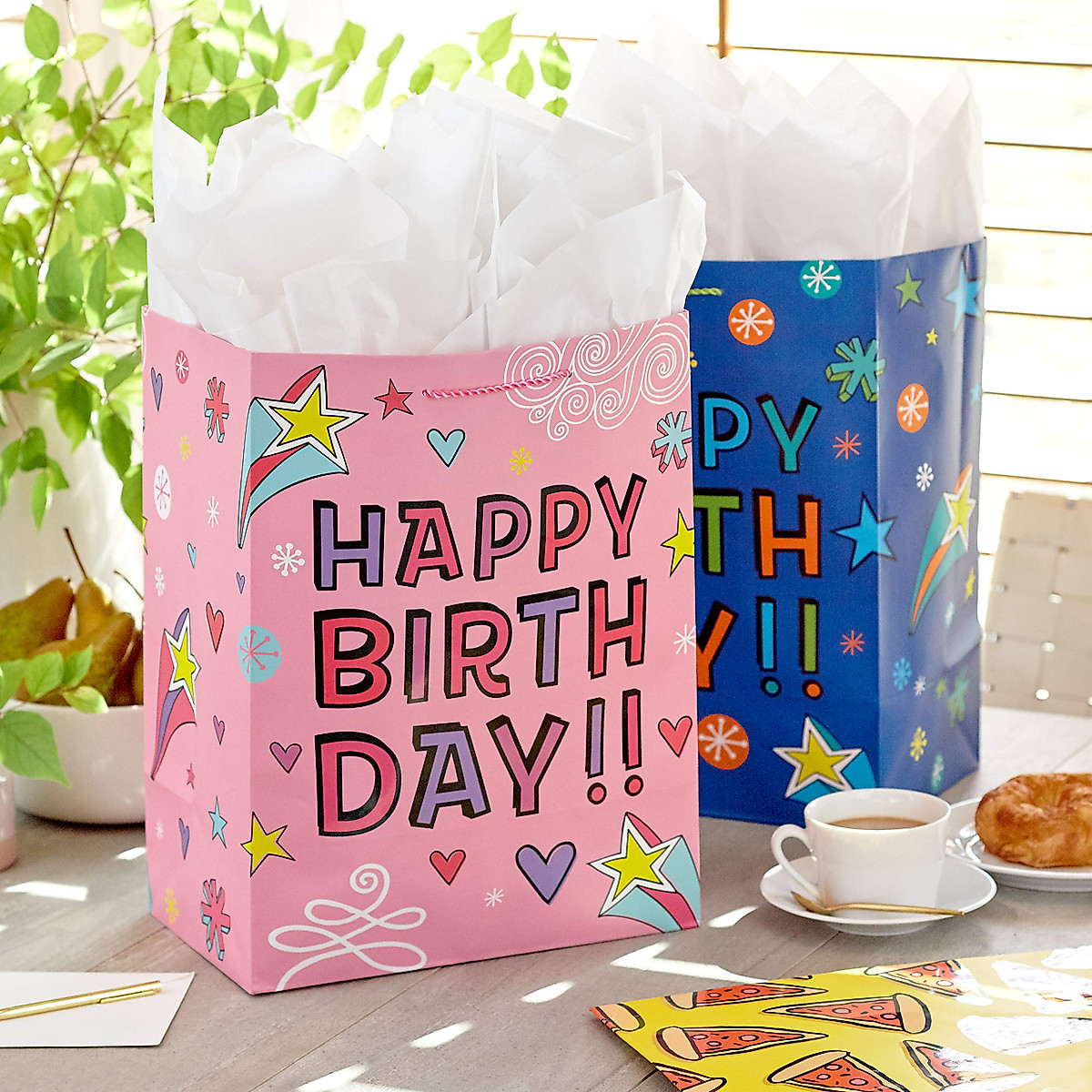 Hallmark 17" Extra Large Birthday Gift Bags (3 Bags: Blue and Green, Pink and Purple, Yellow with Pizza) for Kids, Teens, Boys, Girls, Grandchildren
