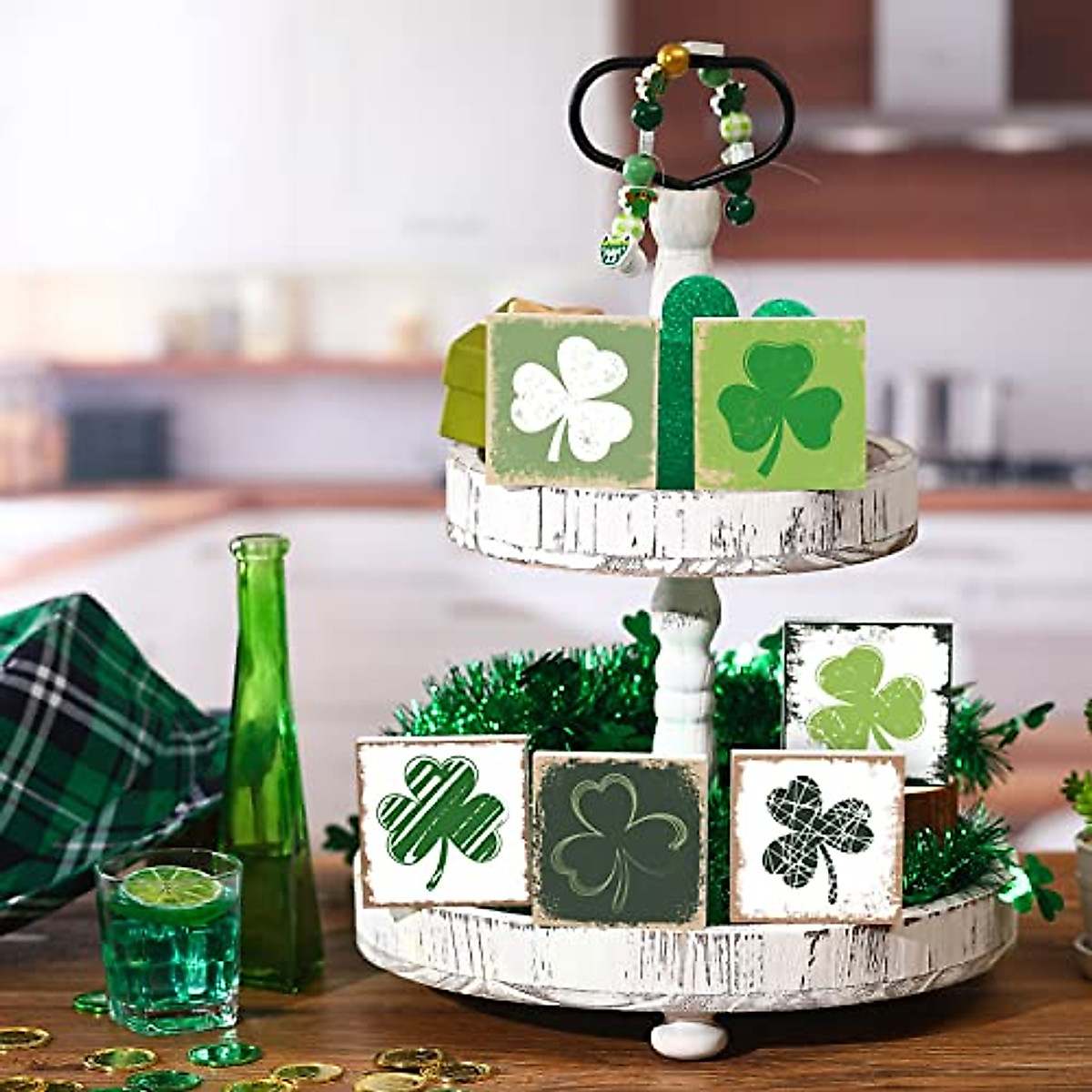 6 Pcs St. Patrick's Day Wood Signs Rustic Shamrock Standing Blocks Decor for Home St. Patrick's Day Table Centerpiece Shamrock Tiered Tray Decorations for Shelf Party Decor