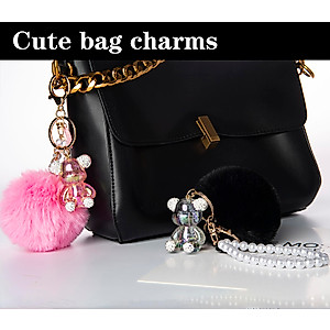 YOU WIZV Teddy Bear Keychain, Cute Bling Keychains for Women and Puff Ball key chains for Car Keys, Backpack, Purse Accessories, Aesthetic Black Pom Pom Keychain