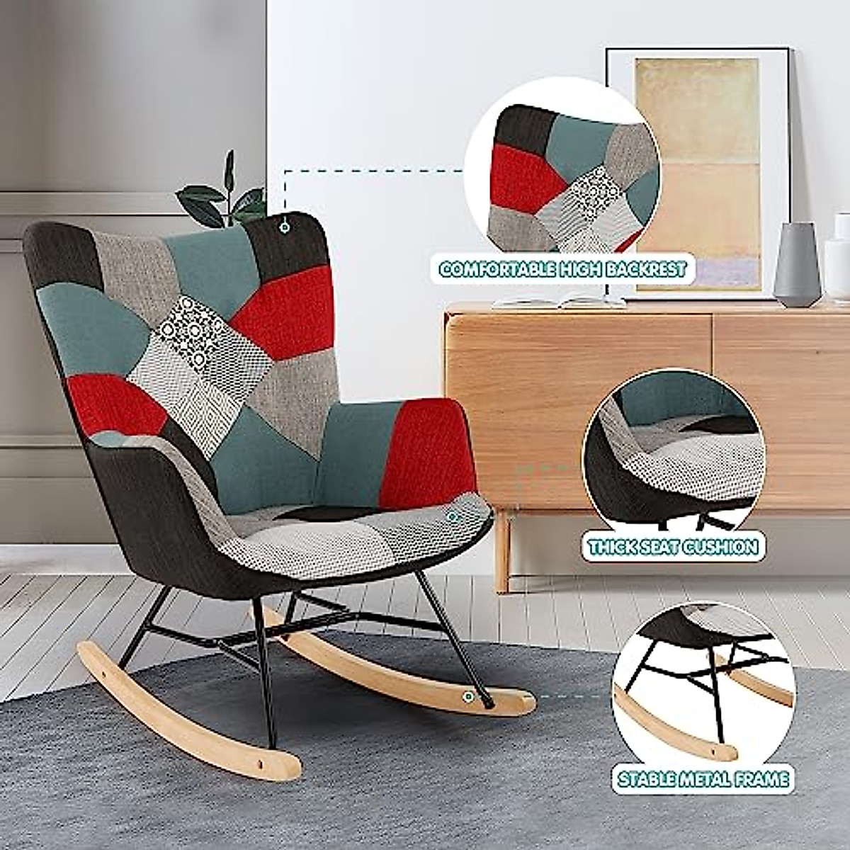 LSSPAID Rocking Chair Nursery Set of 1, Upholstered Glider Rocker with High Backrest Armchair Comfy Accent Glider Chair for Living Room, Bedroom, Nursery Room, Multi Color