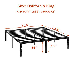 zunatu 18 Inch California King Metal Bed Frame Foundation No Box Spring Needed Heavy Duty Tall Platform with Large Storage Easy Assembly Mattress Noise Free, Black