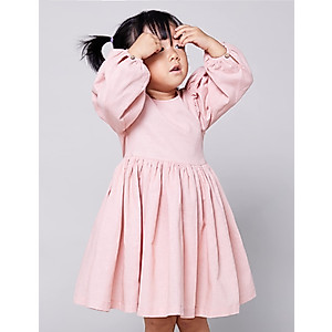 ZYBOUTIC Infant Baby Girls Linen Dresses Vintage Smocking Long Puff Sleeve Round Neck Birthday Gift Dress Autumn Button Back Princess Weddings Flower Girl Sundress Headband Easter Blush Pink S