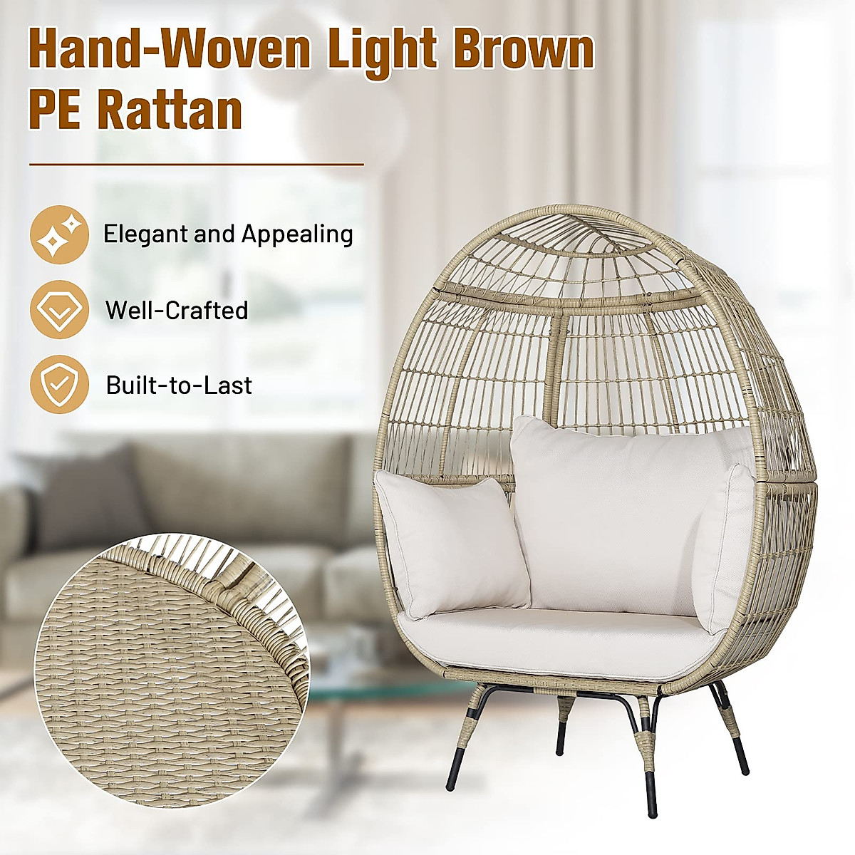 Tangkula PE Wicker Egg Chair, Patiojoy Oversized Indoor Outdoor Patio Lounge Chair with Cushions and Pillows, Steel Frame Basket Chair for Garden, Deck, Balcony, Living Room (Light Brown)