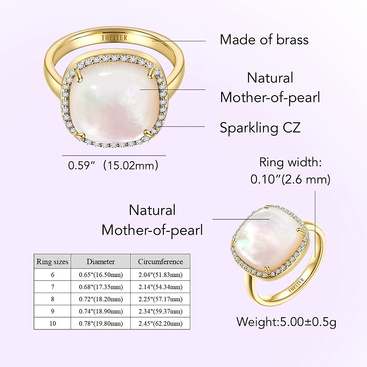 Jupiter Natural Mother-of-pearl Women's Ring - 14k Gold Plated Genuine Gemstone Women Ring, 0.47"/12mm Natural Birthstone Rings Jewelry (Natural Mother of Pearl, 7)