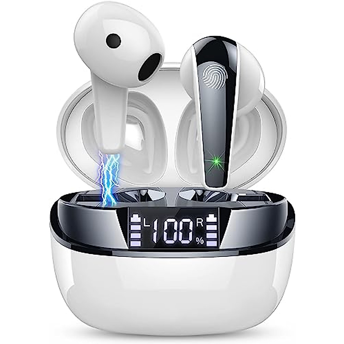 Renimer Wireless Earbud, Bluetooth 5.3 Headphones in Ear with Immersive Sound, Bluetooth Earbud Dual LED Display Wireless Earphones IP7 Waterproof Ear bud, 35H Playtime, Noise Cancelling, USB-C, White