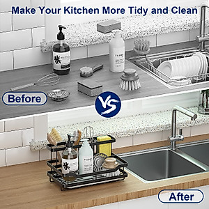 MFTEK Kitchen Sink Caddy Sponge Holder, Large Sponge Holder for Kitchen Sink Countertop Organizer, Soap Holder Tray Dish Dispenser Storage Rack with Drain Tray, Black -Not Include Sponge, Brush