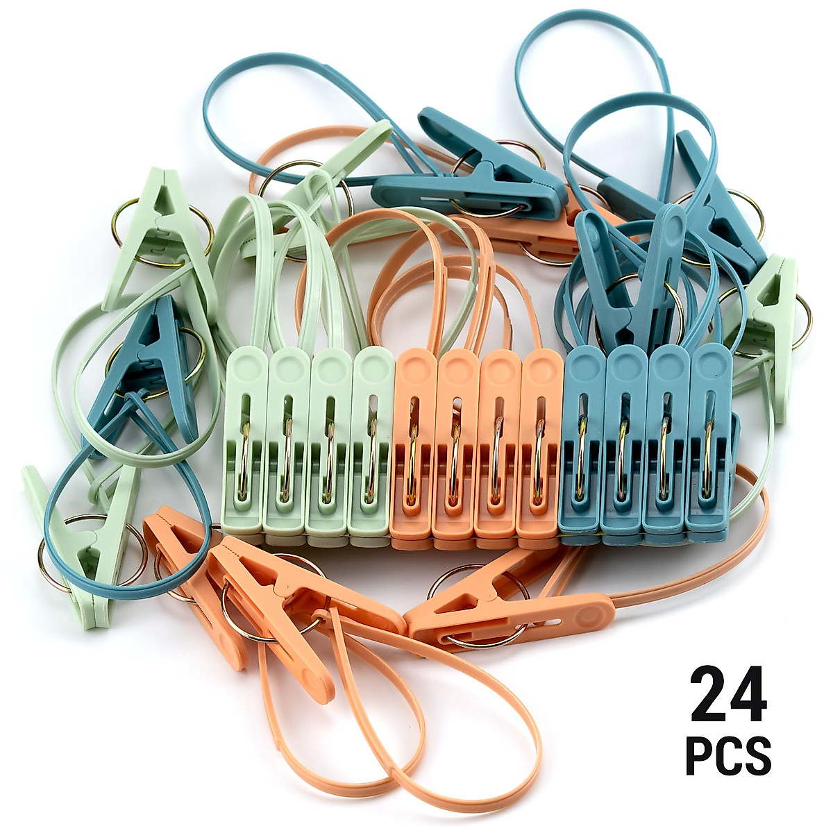 24 Pack Clothes Pins Clothes Peg Clip Pins with Plastic Rope for Clothesline Multicolor Drying Clothing Clips Hooks Windproof Clothes Hanger for Hanging Socks Hats Pants Bras Underwears Towel Photo