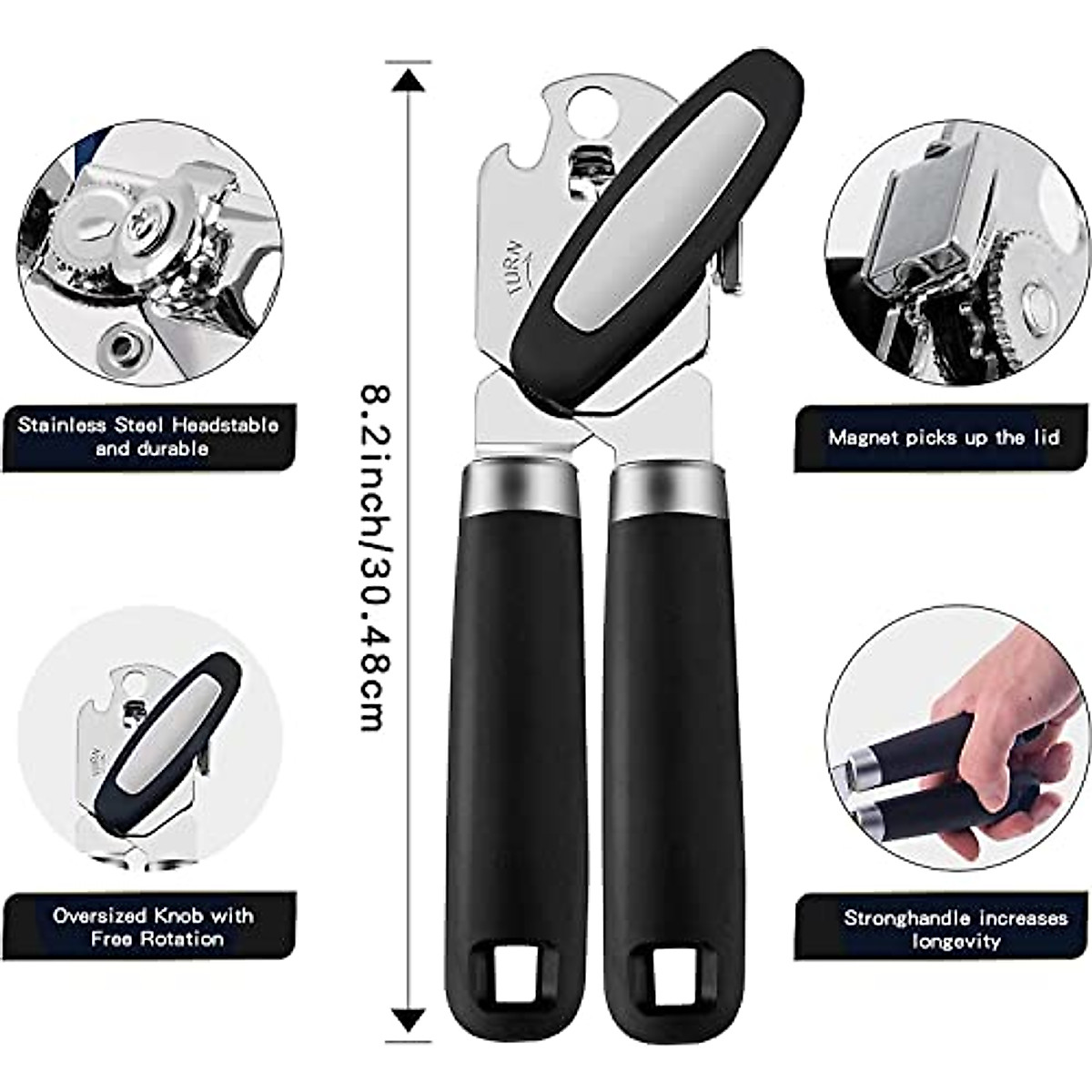 Can Opener Manual with Magnet,Hand Held Can Opener Smooth Edge,Strong Good Grips Safety Can Opener Heavy Duty for Safe Cut,Handheld Manual Can Opener with Sharp Cutting Wheel,Black