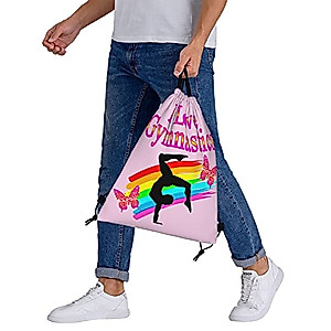KENT HILL Pink I Love Gymnastics Design Pattern Print Drawstring Backpack.for Gym Shopping Sport Yoga.