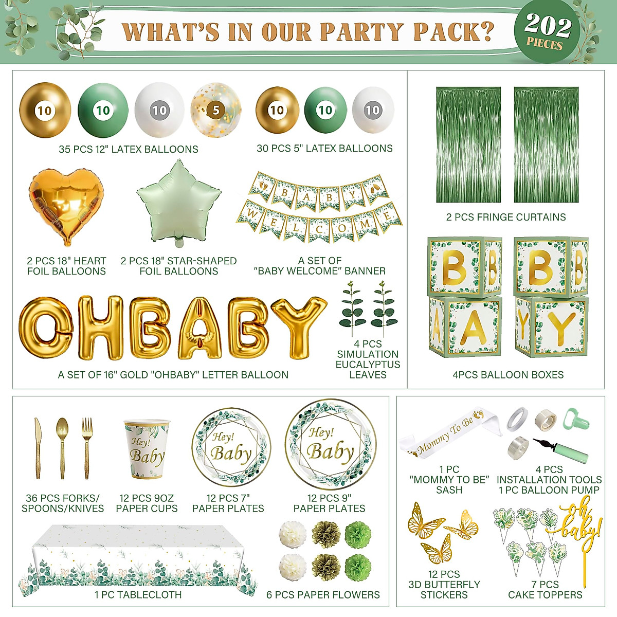 Sage Green Baby Shower Decorations,All In One Set,Neutral Baby Shower Supplies Kit, With 4 Balloon Blocks,12 Tableware Sets, Disposable Plates, "OH BABY" Balloons,Sage Baby Shower Tablecloth, Toppers