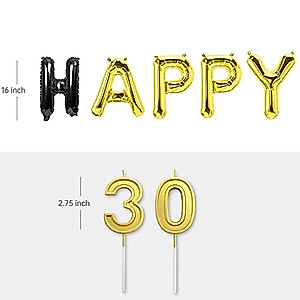 DOMBIT 30th Birthday Candles with So Happry I’m Thirty Balloons, 2.75” Gold Number Candles for Cake Topper Decoration Happy Birthday Party Wedding Anniversary Supplies
