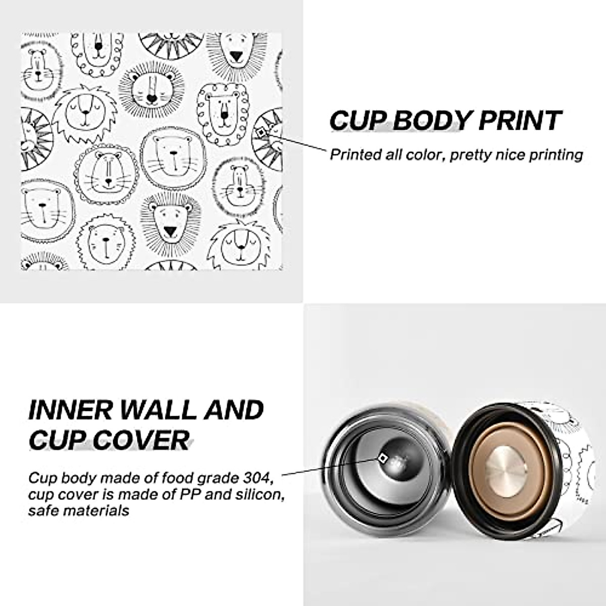 CaTaKu Cartoon Lions Head Water Bottle Insulated 16 oz Stainless Steel Flask Thermos Bottle for Coffee Water Drink Reusable Wide Mouth Vacuum Travel Mug