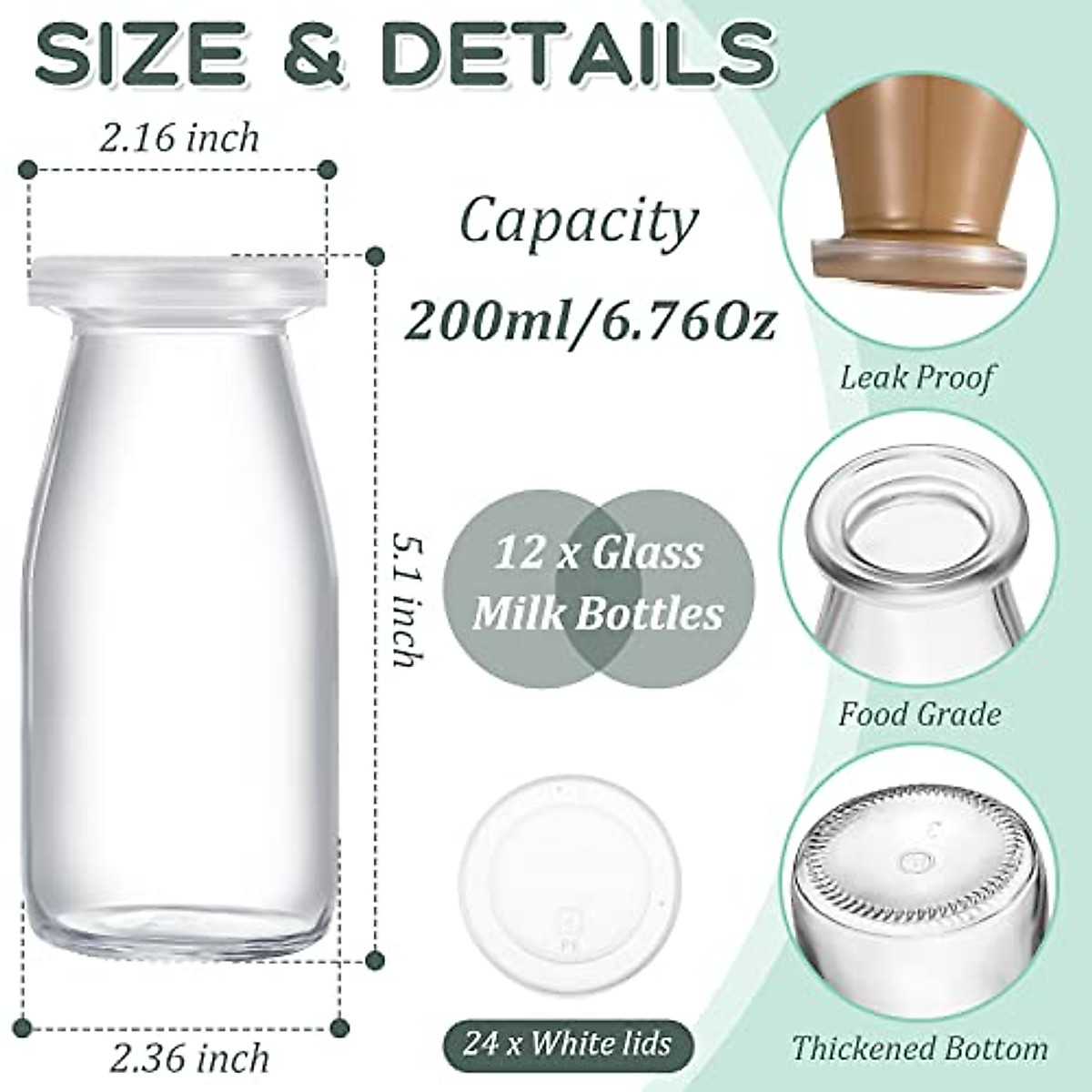 Zubebe 12 Pack 6.76 oz Small Glass Milk Bottle Clear Mini Glass Bottles with Lids Glass Juice Bottle Reusable Small Milk Jar Vintage Breakfast Shake Container for Drinking Water Juice Honey