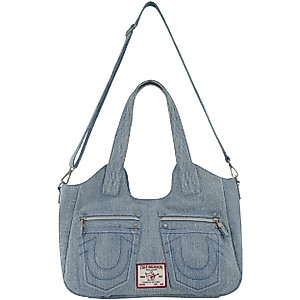 True Religion Women's Satchel Bag, Crossbody Purse Handbag with Horseshoe Logo Stitching, Denim