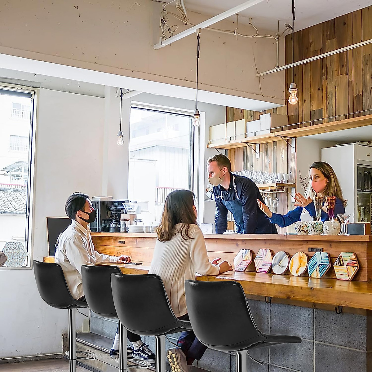 VATROS Bar Stools Set of 2, Adjustable Bar Stools with Back and Footrest, PU Leather Upholstered Swivel Counter Height Bar Stools for Home Kitchen Island-Black
