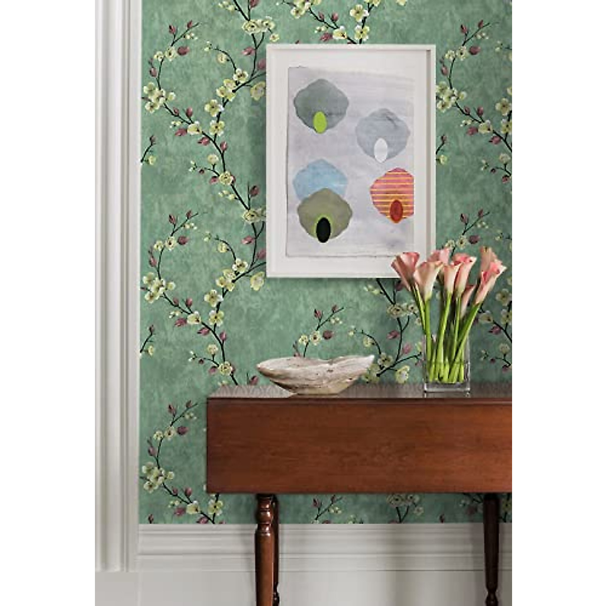 17.7'' x 118'' Floral Peel and Stick Wallpaper Green Flower Contact Paper Waterproof Removable Wallpaper Modern Wall Paper Decorative Self Adhesive Contact Paper for Walls