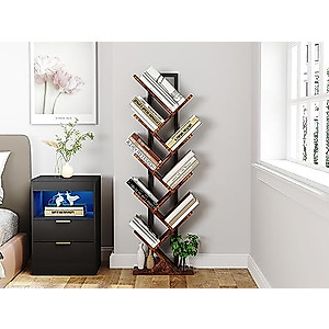 Yusong Tree Bookshelf, Geometric Bookcase with Steel Pipe for Living Room Bedroom, Floor Standing Shelves for Home Office (Rustic Brown, 9 Tier)