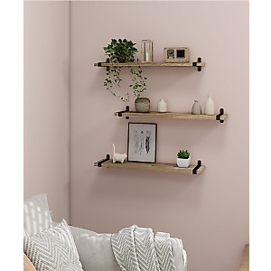 Sapowerntus Wood Floating Shelves Bathroom Wall Mounted, 24 Inch Light Rustic Farmhouse Narrow Shelf Storage, Bedroom Living Room Kitchen Office Display Decor with U Metal Brackets Set of 3