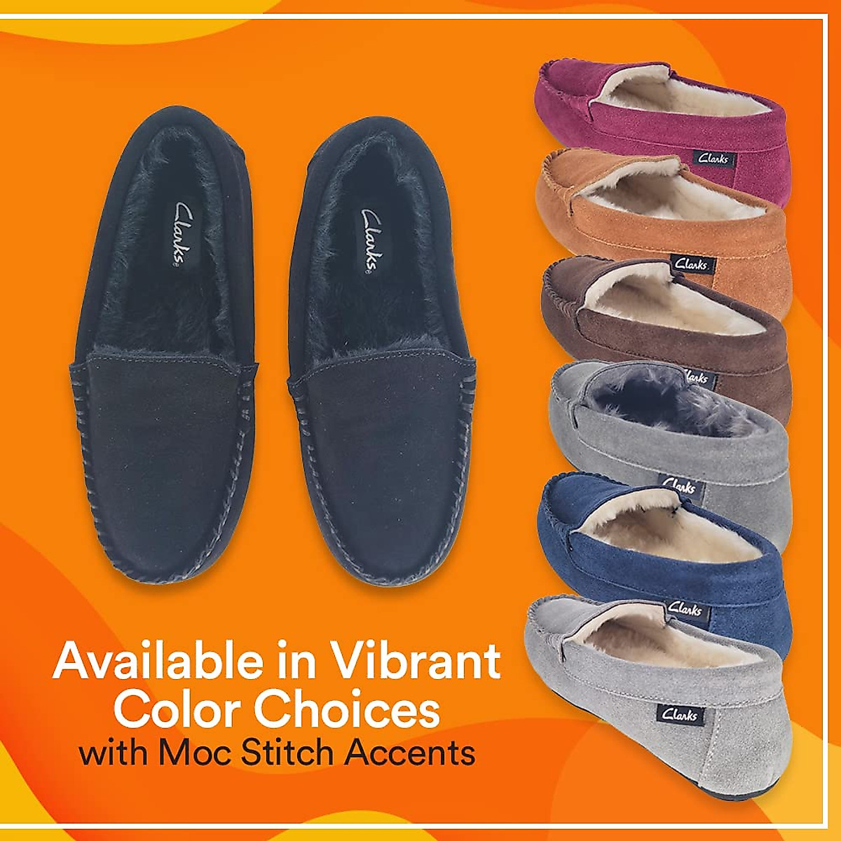 Clarks Women's Venetian Moccasin Slippers, LB0285 Suede IndoorOutdoor Close Back SlipOns with Faux Fur Lining & Gripped TPR Outsole Ladies Cozy Loafers for Driving Lounging & More, Cognac, 8.5