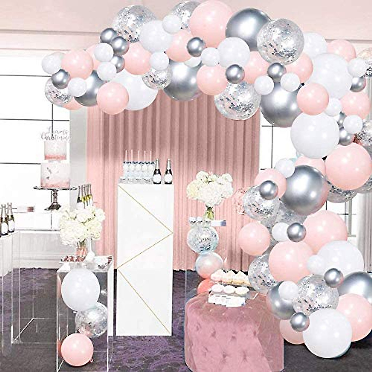 Silver Pink Balloons Garland Kit, 106pcs White and Silver Confetti Metallic Latex Balloons Arch with 16ft Tape Strip & Dot Glue for Girl Baby Shower, Birthday Party, Wedding, Anniversary Decorations