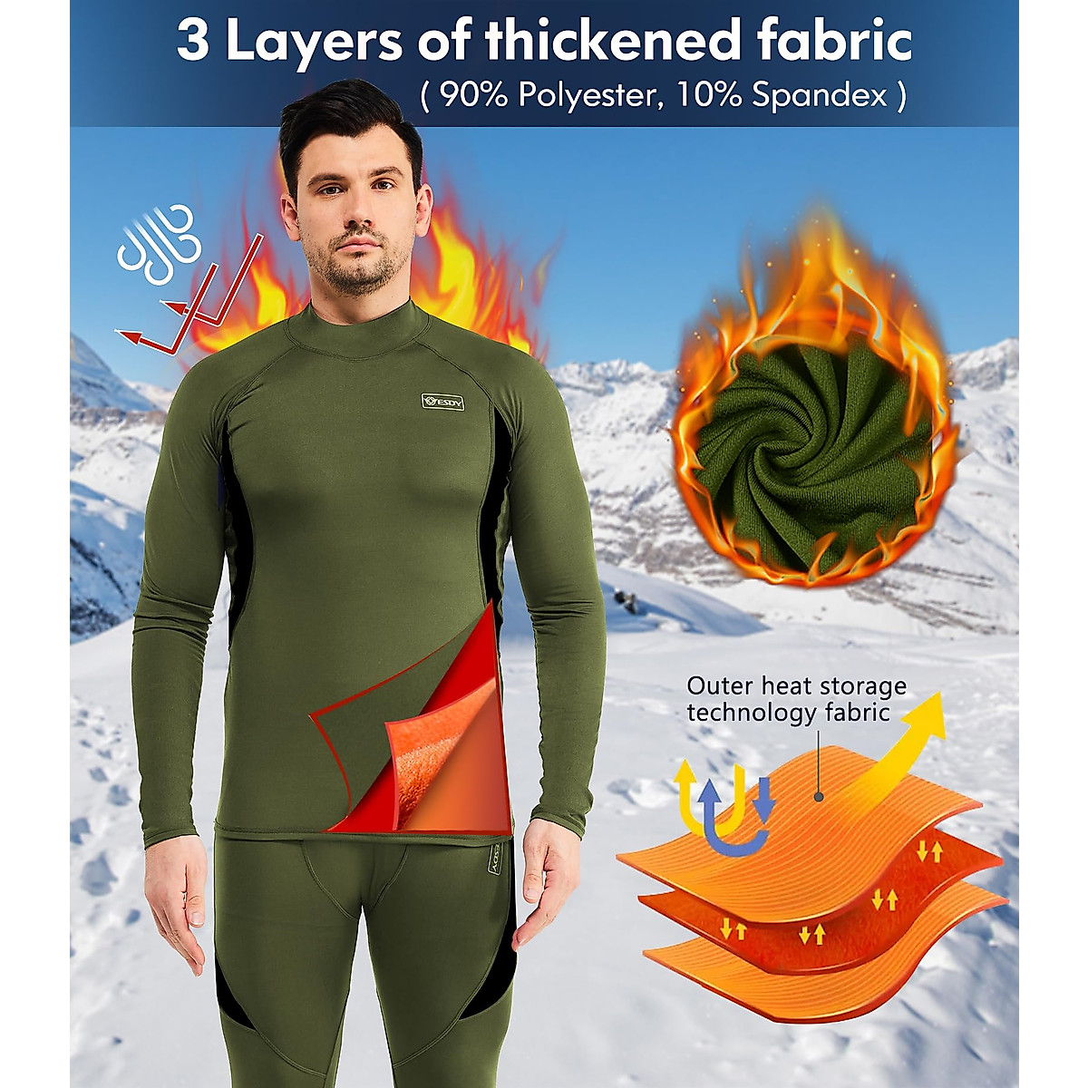 romision Turtle Neck Long Johns Thermal Underwear for Men Fleece Base Layer Cold Weather Top and Bottom Set Hunting Gear