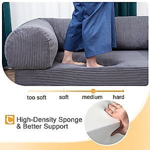 COMAX Futon Sofa Bed, 4-in-1 Floor Foldable Sofa Couch Bed Queen with L-Shaped Armrests, Convertible Folding Chair Bed Sleeper Mattress Fold Out Comfy Lounge for Living Room Bedroom, Dark Grey