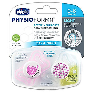 Chicco PhysioForma Light Day & Night including Glow In Dark Pacifier for Babies 0-6m, Pink, Orthodontic Nipple, BPA-Free, 2-count in Sterilizing Case