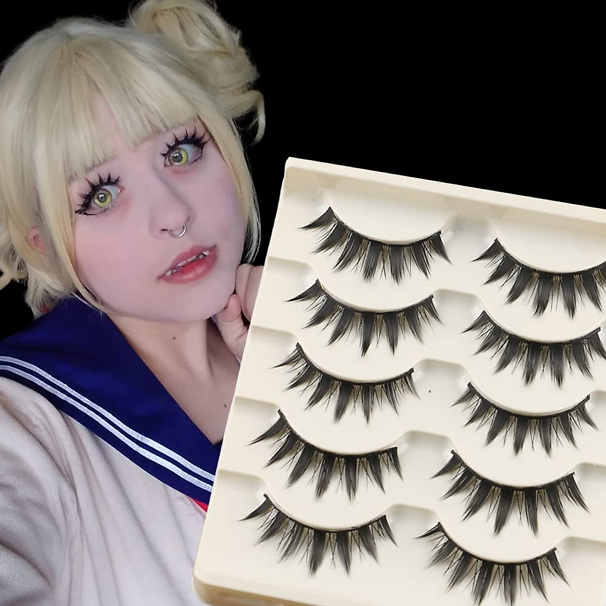 Okdeals 5 Pairs Japanese Style Makeup Eyelashes 3D Fluffy Spiky Eyelash Manga Lashes Little Devil Cosplay Anime Eyelash Natural Look Beauty Eye Lash Extension Tools