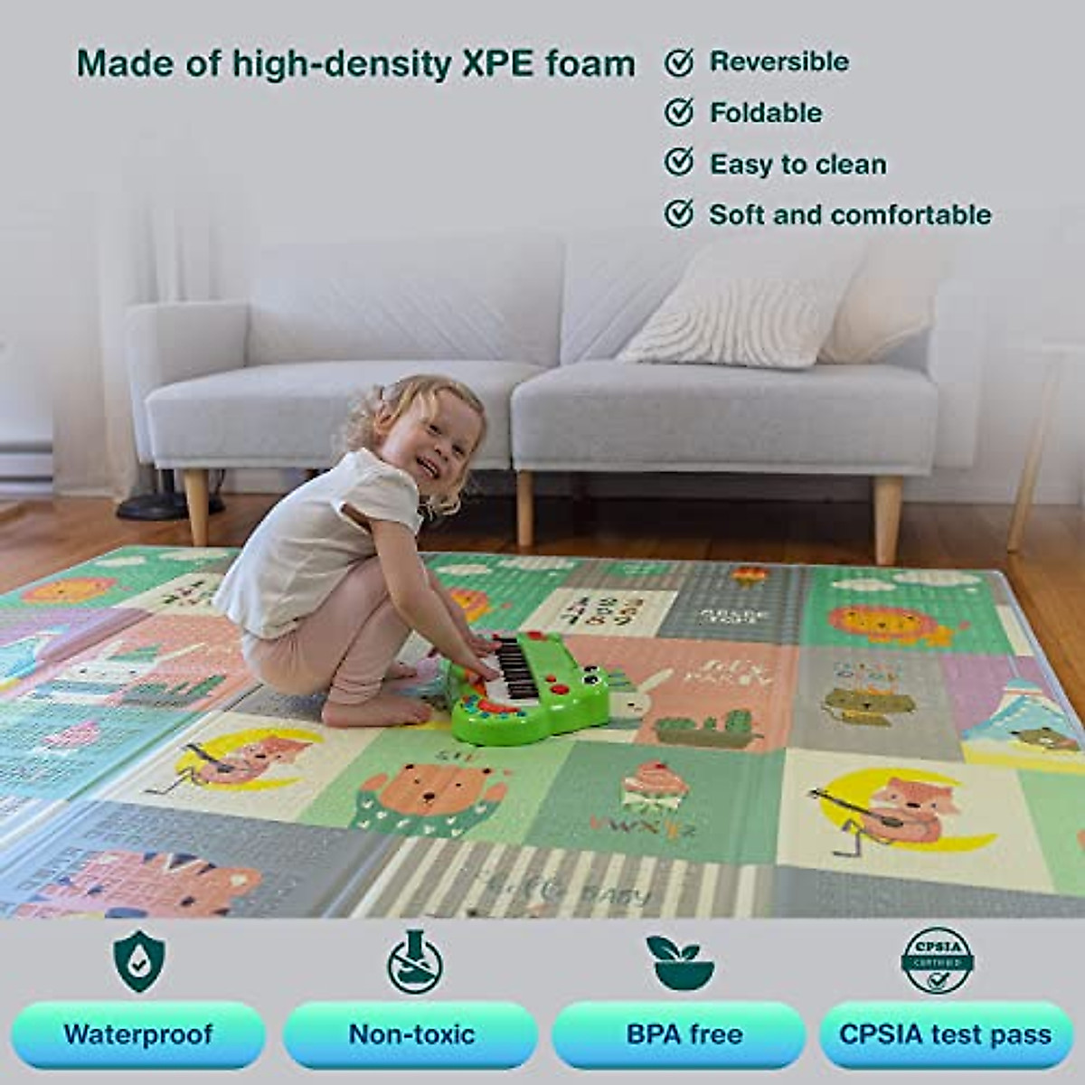 SUVELB Foldable Baby Play Mat - Reversible, Extra Large, Thick Foam Crawling Playmats for Infants, Toddlers, Kids - Waterproof Indoor Outdoor Tummy Time Floor Activity Mat (79 x 71 x 0.6 inches)