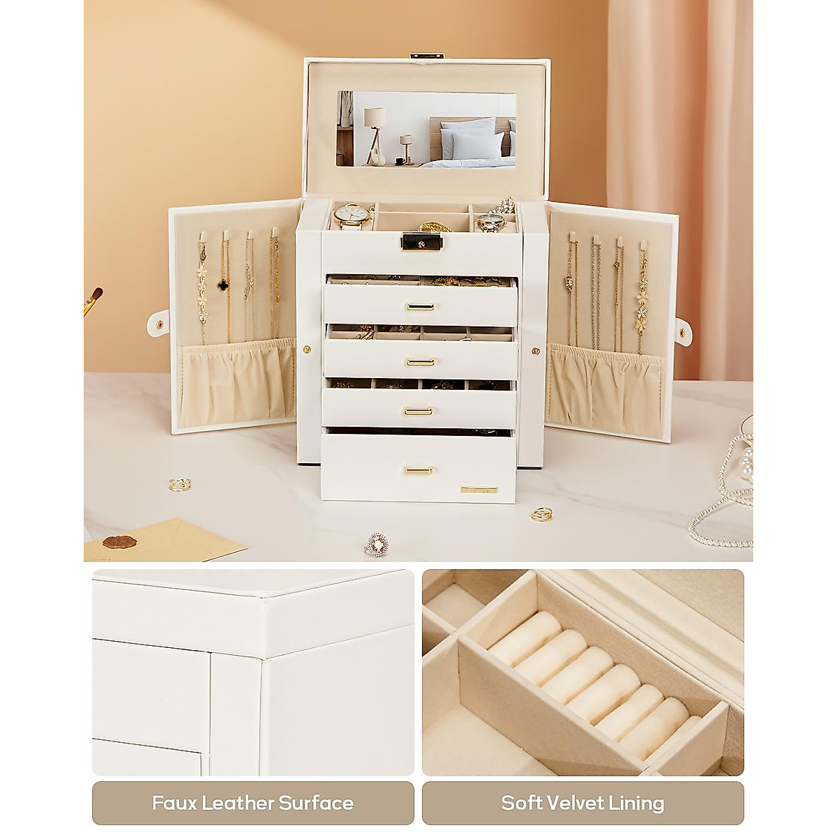 Homde Synthetic Leather Huge Jewelry Box Mirrored Watch Organizer Necklace Ring Earring Storage Lockable Gift Case (White + Gold)
