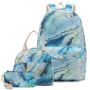 Pawsky Waterproof School Backpack Set Fits 14" Laptop Backpack Daypack College School Bookbag with Lunch Box and Pencil Case (Marble-Blue)