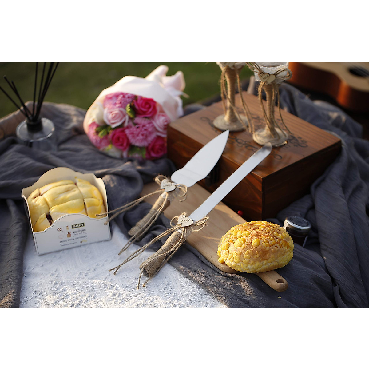 Rustic Wedding Cake Knife and Server Set-ULA Natural Burlap Twine Handle Wood Heart Cutlery for Wedding Gift,Cake Cutting Set for Wedding Rustic Wedding Decor (Burlap)