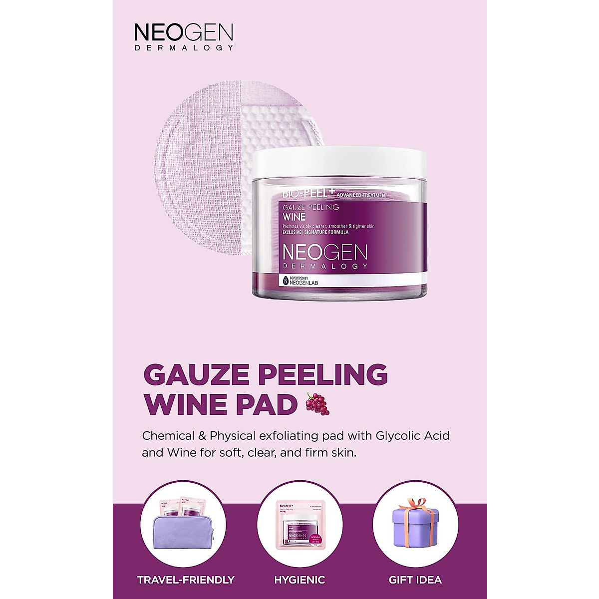 DERMALOGY by NEOGENLAB Bio-Peel Gauze Peeling Pads (Wine, 30 pads) - Exfoliating & Firming Peeling Pad with PHA & Red Wine & Resveratrol & Acid Hyaluronic - Korean Skin Care