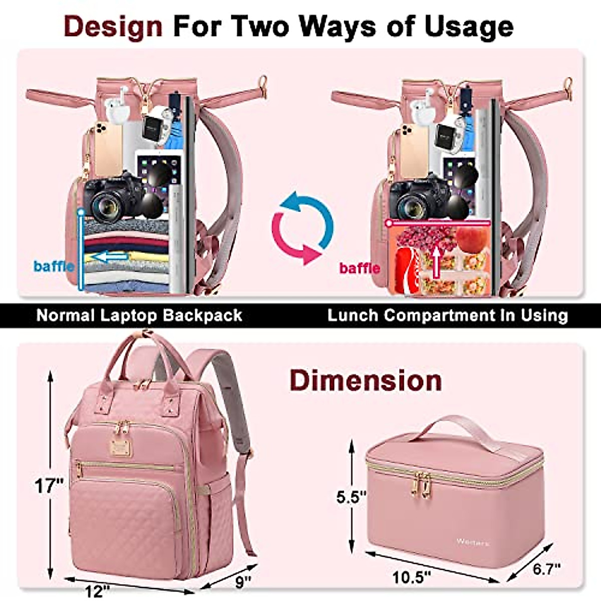 Weitars 15.6 Inch Laptop Backpack For Women School /Travel Backpack, Teacher Nurse Work Backpack with Lunch Box Compartment Bookbag Computer Backpack (Pink)