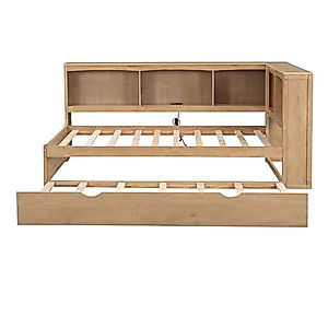 HomSof Size Daybed with Trundle,L-Shaped Bookcases,Storage Cabinets and USB Ports, Twin-L, Wood