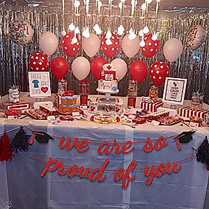 Red We Are So Proud of You Banner Graduation Party Decorations Glitter Hat Garland Class High School College Grad Party Supplies