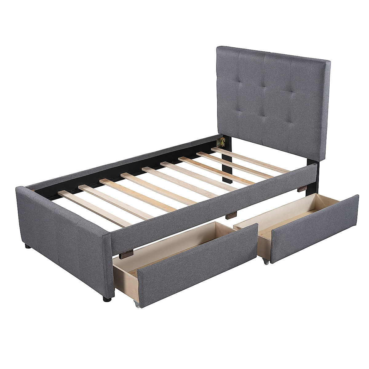 HZSSDTKJ Twin Size Linen Upholstered Platform Bed with Headboard and 2 Storage Drawers, Wooden Daybed Frame with Slat Support for Kids Teens Girls Boys Adults, No Box Spring Needed (Gray-04, Twin)