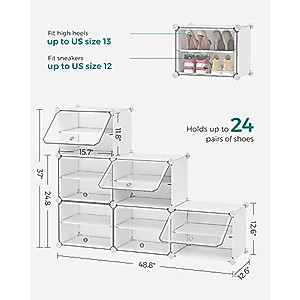 SONGMICS Interlocking Shoe Rack, Plastic Shoe Storage Cabinet, 6-Slot Modular Storage Organizer Unit, 11.8 x 15.7 x 11.8 Inches for Each Slot, with Doors, Steel Frame, Plastic Panel, White ULPC033W01