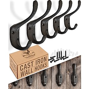 Rustic Cast Iron Coat Hooks (5 Pack) Wall Mounted Farmhouse Decorative Wall Hooks, Vintage Hooks for Hanging Coats, Bags, Hats, Towels (Black, Large Spoon Hooks)