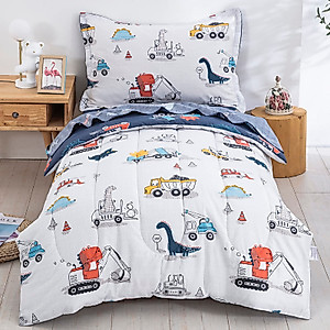DJY 4 Pieces Cotton Toddler Bedding Set, Dinosaur Cars Reversible Toddler Bed Comforter Set for Kids Boys Girls, Includes Quilted Comforter, Flat Sheet, Fitted Sheet and Pillowcase