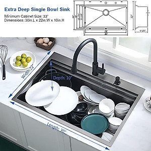 30 Black Drop in Kitchen Sink Workstation- Hovheir 30x22 Topmount Drop In Kitchen Sink Matte Black Stainless Steel Sink Handmade Sink Double Ledges Workstation Sink 16 Gauge Single Basin Kitchen Sink