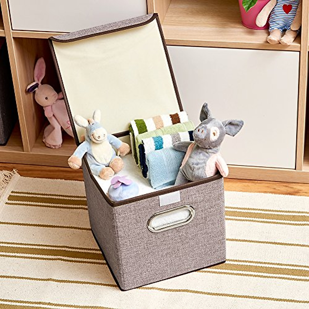 EZOWare 4pc Storage Basket Bins with Lid - Linen lidded Fabric Folding Boxes Cubes Containers - Gray, 9.8 x 9.8 x 9.8 inches