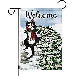 Welcome Winter Garden Flag 12x18 Double Sided, Burlap Farmhouse Small Pine Tree Black Cat Garden Yard Flags for Winter Seasonal Outside Outdoor House Holiday Decor (ONLY FLAG)