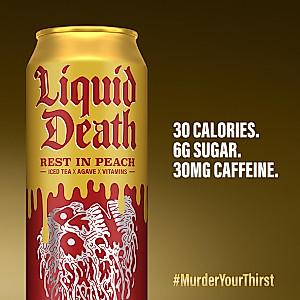 Liquid Death, Rest In Peach Iced Tea, 8-Pack (King Size 19.2oz Cans), Peach Flavored Tea Sweetened With Real Agave, B12 & B6 Vitamins, Low Calorie & Low Sugar
