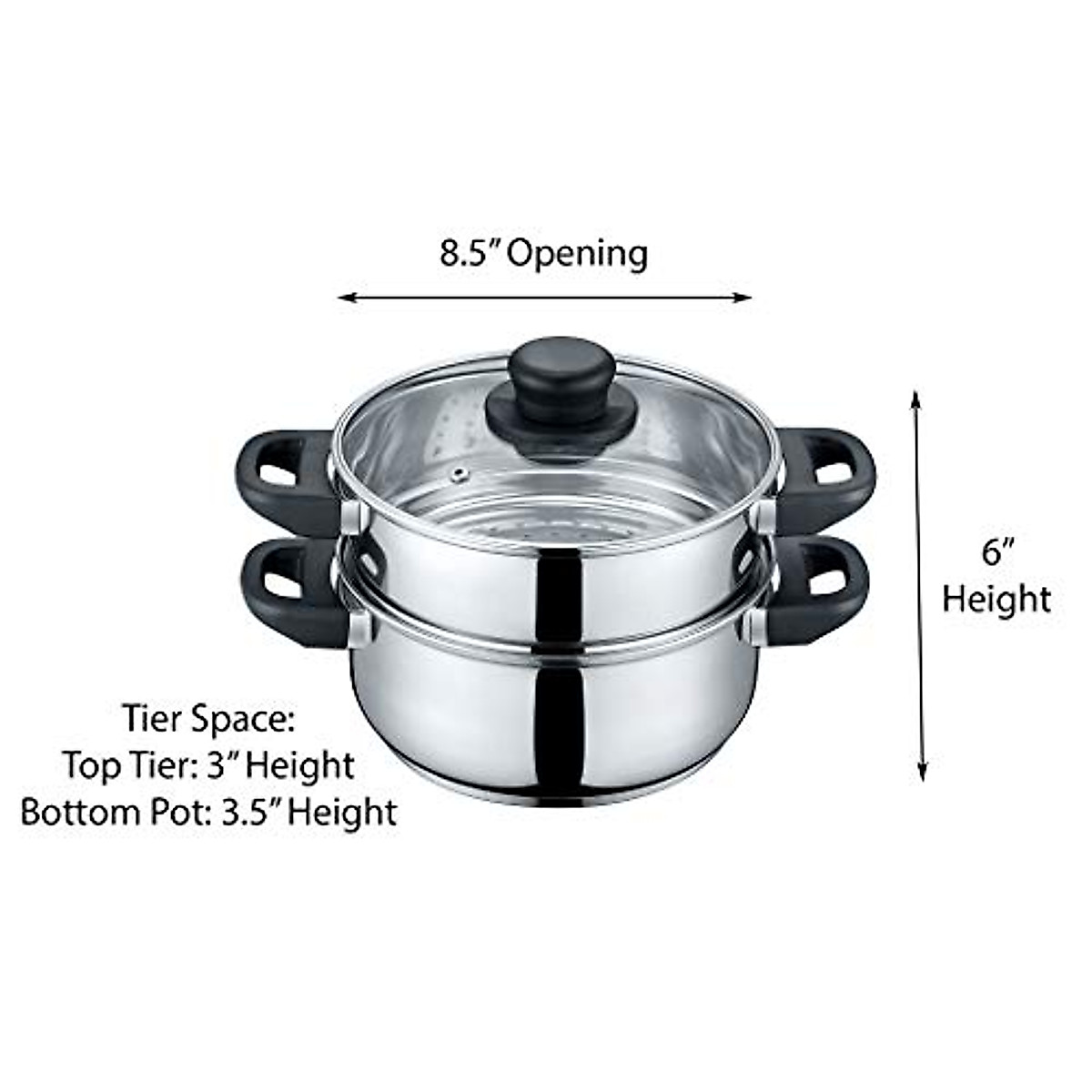 CONCORD 3 Quart Stainless Steel 3 Piece Steamer Cookware Set. Features 2 Quart Veggie Steamer and 3 Quart Cooking Pot with tempered glass lid. (INDUCTION COMPATIBLE)
