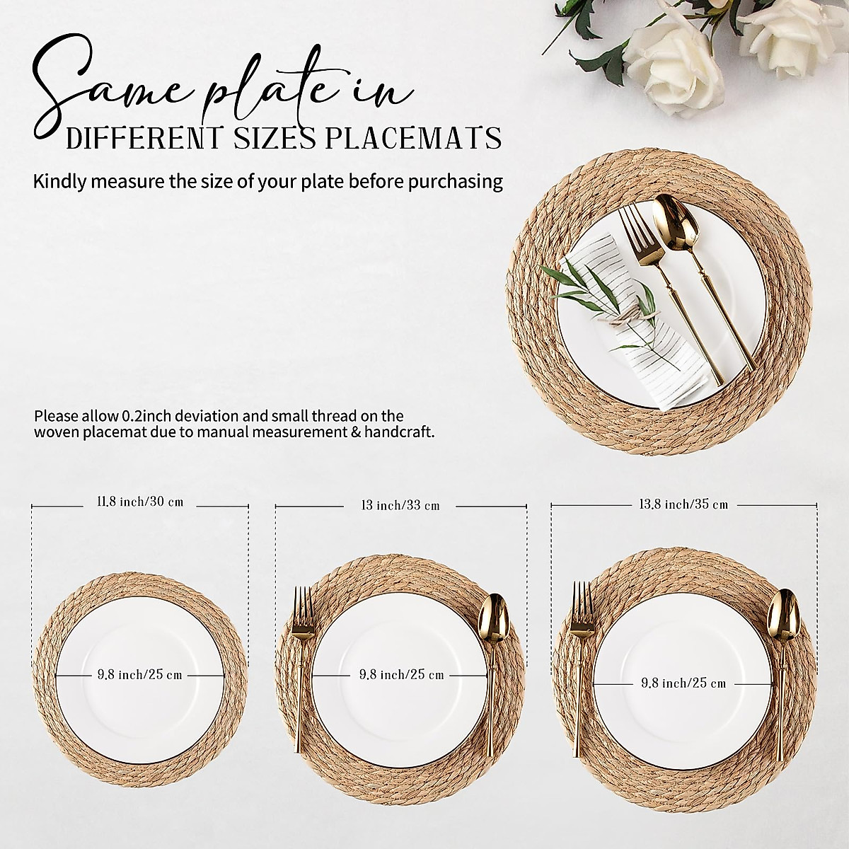 RUNTIVAN Round Woven Placemats Set of 6, Natural Water Hyacinth Place mats, 12 inch Rattan Placemats Wicker Placemats Farmhouse Boho Braided Heat Resistant Outdoor Placemat Patio Table Place Mats