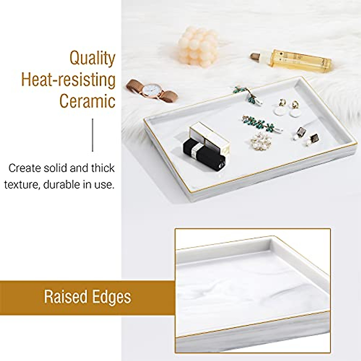 Shinowa Ceramic Vanity Tray, Bathroom Counter Tray Marble Finish Perfume Tray Rectangle Decorative Tray for Vanity Dresser Bathroom Countertop Living Room Kitchen, Large Size - Marble White