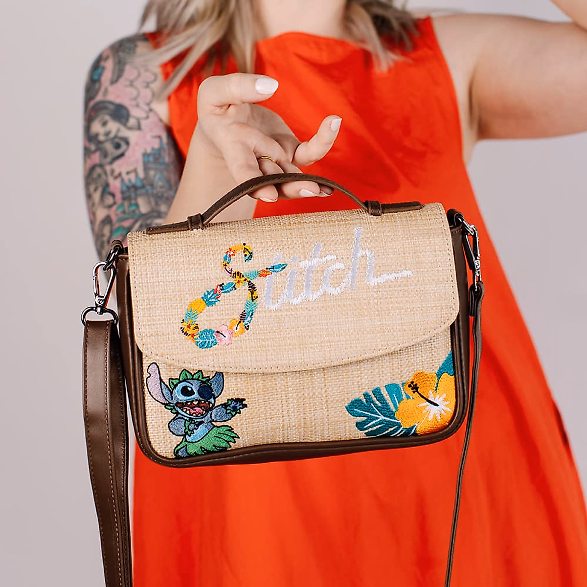 Disney Bag, Fold Over Crossbody, Lilo and Stitch Embroidered Stitch Poses, Raffia Straw